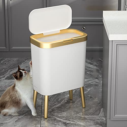 15L Bathroom Trash Can,Plastic Garbage Can with Push Button,Kitchen Trash Can with Lid, Large Capacity Slim Waste Basket with Legs for Kitchen, Home, Living Room, Toilet, Office (White)