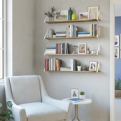 Wallniture Bora 36" Long Floating Shelves for Wall, Rustic Wall Shelves for Living Room, Wall Bookshelf, Kitchen Wall Shelf, Bathroom Shelves for Storage, Office Shelves Set of 4, Burnt