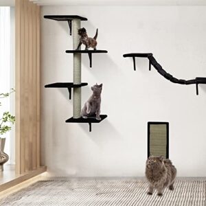 JIFULI 5 Pcs Wall-Mounted Cat Climber Set, Wood Indoor Furniture with Shelves and Perches, Ladder, Condo House, Scratching Board Tree, Wall Furniture, Black, (JFL-CT5P-GY)