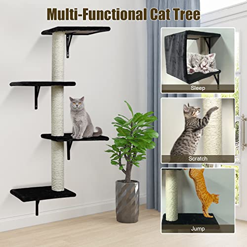 JIFULI 5 Pcs Wall-Mounted Cat Climber Set, Wood Indoor Furniture with Shelves and Perches, Ladder, Condo House, Scratching Board Tree, Wall Furniture, Black, (JFL-CT5P-GY)