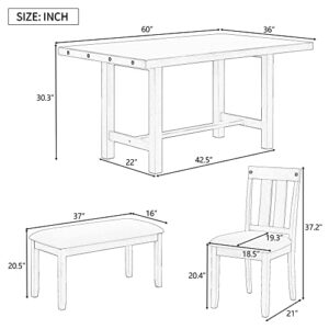 Merax Rustic Style 6-Piece Wood Rectangular Table Set with 4 Chairs & Bench for Dining Room, Espresso+Grey