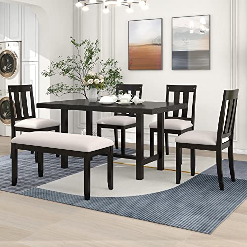 Merax Rustic Style 6-Piece Wood Rectangular Table Set with 4 Chairs & Bench for Dining Room, Espresso+Grey