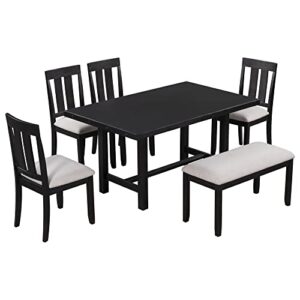 Merax Rustic Style 6-Piece Wood Rectangular Table Set with 4 Chairs & Bench for Dining Room, Espresso+Grey