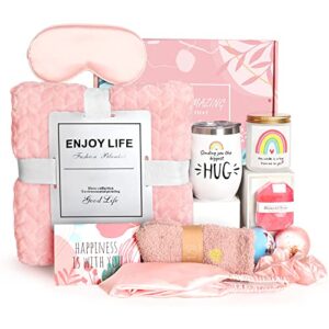 get well soon gifts for women, 11 pcs care package gift feel better get well basket after surgery recovery self care gift thinking of you box with blanket tumbler for women sick friends(pink)