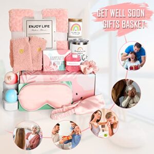 Get Well Soon Gifts for Women, 11 Pcs Care Package Gift Feel Better Get Well Basket After Surgery Recovery Self Care Gift Thinking of You Box with Blanket Tumbler for Women Sick Friends(Pink)