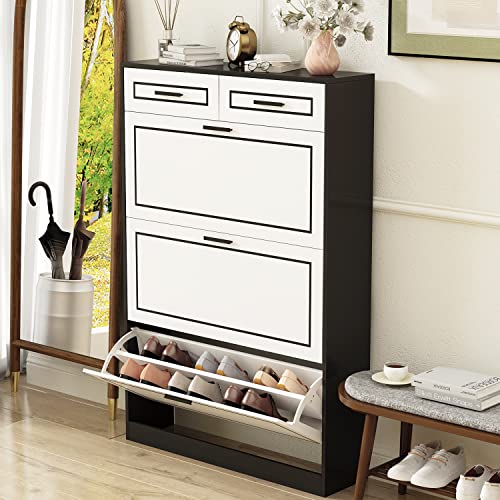 ECACAD Modern Shoe Storage Cabinet with 5 Drawers & Decorative Fronts, Wood 4-Tier Shoe Rack Organizer for Entryway, Bedroom & Hallway, Black & White (35.4”W x 9.3”D x 53.1”H)