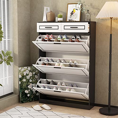 ECACAD Modern Shoe Storage Cabinet with 5 Drawers & Decorative Fronts, Wood 4-Tier Shoe Rack Organizer for Entryway, Bedroom & Hallway, Black & White (35.4”W x 9.3”D x 53.1”H)