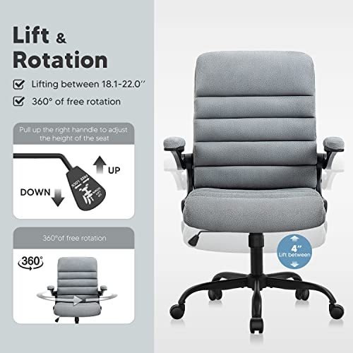 SEATZONE Home Office Desk Chair, High Back Ergonomic, Lumbar Support Computer Chairs with Wheels and Flip-up Armrest Adjustable, Backward Tilt, Gray