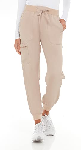 MediChic Mini Marilyn Knit Waist Scrub Joggers Pants with 4-Way Stretch Six Pockets Medical Nursing Slim Tapered Jogger Khaki