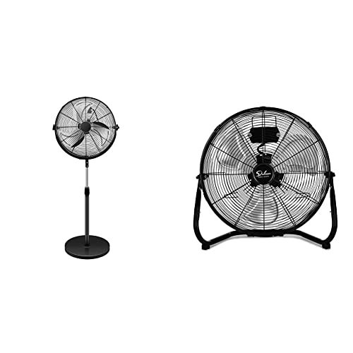 Simple Deluxe 20 Inch Pedestal Standing Fan, High Velocity,Black & 12 Inch 3-Speed High Velocity Heavy Duty Metal Industrial Floor Fans, Black