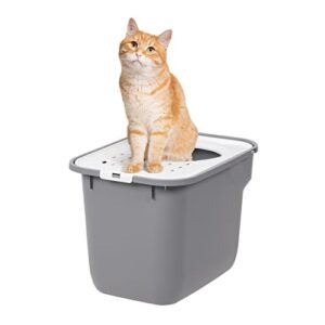 iris usa square top entry cat litter box, large kitty litter tray with litter catching lid less tracking dog proof and privacy walls, gray/white