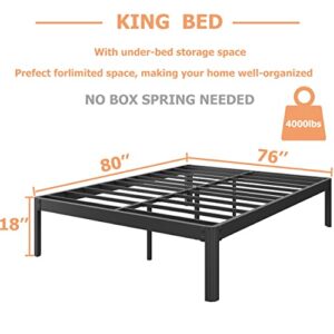 FDLOGW 18 Inch King Bed Frame, Tall Metal Platform King Size Bed Frames with Round-Corner Leg, Heavy Duty Steel Slat Mattress Foundation, Easy Assembly, Noise-Free, No Box Spring Needed