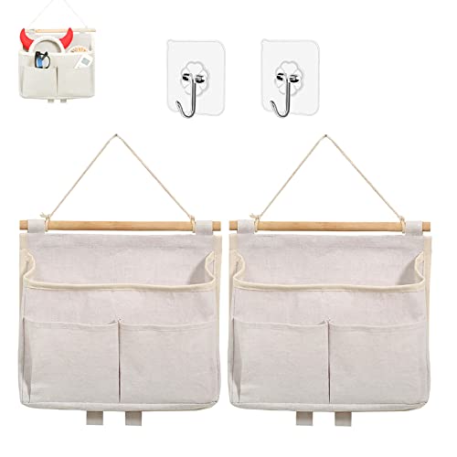 SMALIGOLA 2Pcs Wall Hanging Storage Caddy Bag,Over Door Hanging Storage Bags Wall Mount Hangable Organizer，File Magazine Waterproof Linen Cotton Fabric Living Room Bedroom Bathroom (White)