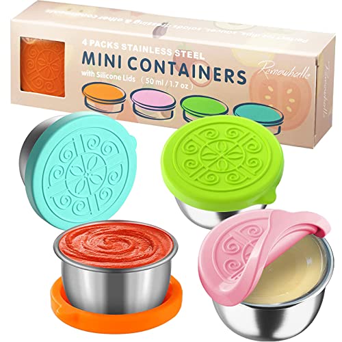 Sauce Container with Lid, Salad Dressing Container To Go, 4x1.7oz Mini Reusable Sauce Containers for Bento Lunch Box, Stainless Steel Condiment Cups with Easy Open Lid, Small Dipping Sauce Cups Set