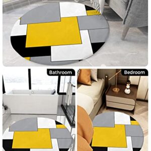 Fluffy Round Area Rugs for Living Room,5ft Carpet Abstract Modern Geometric Art Shaggy Accent Rug Furry Floor Mat for Nursery,Yellow Gray Black White Color Block Plush Non-Slip Bedroom Throw Rugs