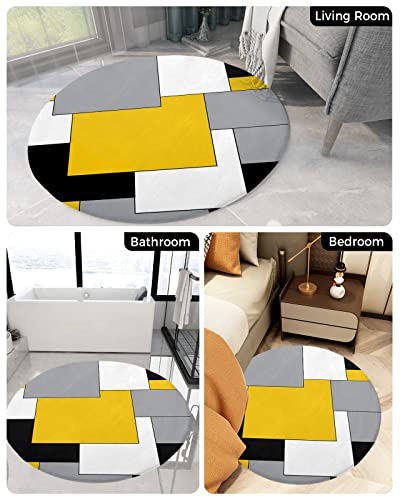 Fluffy Round Area Rugs for Living Room,5ft Carpet Abstract Modern Geometric Art Shaggy Accent Rug Furry Floor Mat for Nursery,Yellow Gray Black White Color Block Plush Non-Slip Bedroom Throw Rugs