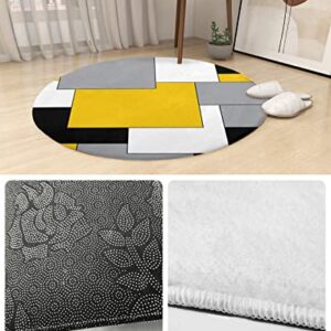 Fluffy Round Area Rugs for Living Room,5ft Carpet Abstract Modern Geometric Art Shaggy Accent Rug Furry Floor Mat for Nursery,Yellow Gray Black White Color Block Plush Non-Slip Bedroom Throw Rugs