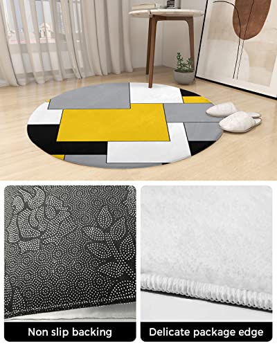 Fluffy Round Area Rugs for Living Room,5ft Carpet Abstract Modern Geometric Art Shaggy Accent Rug Furry Floor Mat for Nursery,Yellow Gray Black White Color Block Plush Non-Slip Bedroom Throw Rugs