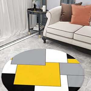 Fluffy Round Area Rugs for Living Room,5ft Carpet Abstract Modern Geometric Art Shaggy Accent Rug Furry Floor Mat for Nursery,Yellow Gray Black White Color Block Plush Non-Slip Bedroom Throw Rugs