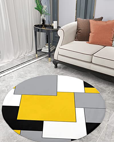 Fluffy Round Area Rugs for Living Room,5ft Carpet Abstract Modern Geometric Art Shaggy Accent Rug Furry Floor Mat for Nursery,Yellow Gray Black White Color Block Plush Non-Slip Bedroom Throw Rugs