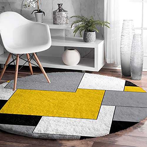 Fluffy Round Area Rugs for Living Room,5ft Carpet Abstract Modern Geometric Art Shaggy Accent Rug Furry Floor Mat for Nursery,Yellow Gray Black White Color Block Plush Non-Slip Bedroom Throw Rugs