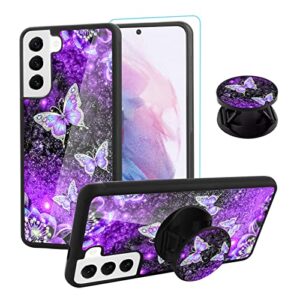 tjkings for samsung galaxy s21 6.2 inch case, [screen protector+kickstand] glitter purple butterfly nebula space tire design hard pc+tpu bumper slim anti-scratch shockproof for samsung galaxy s21