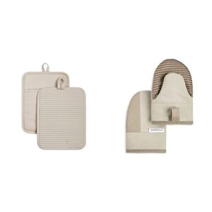 kitchenaid ribbed soft silicone water resistant pot holder set, milkshake, 2 piece set, 7"x9" & beacon two-tone non-slip mini oven mitt set, milkshake/beige, 5.5"x8", 2 piece