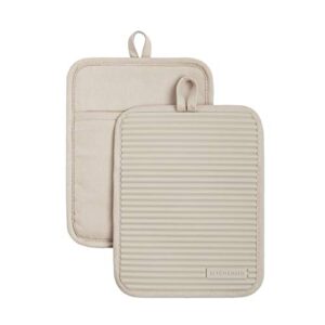 KitchenAid Ribbed Soft Silicone Water Resistant Pot Holder Set, Milkshake, 2 Piece Set, 7"x9" & Beacon Two-Tone Non-Slip Mini Oven Mitt Set, Milkshake/Beige, 5.5"x8", 2 Piece