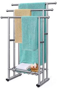 40" tall freestanding towel racks for bathroom, 3 tier floor towel rack with storage basket, blanket ladder drying and display rack for large bath towel & hand towel outdoor poolside (silver)