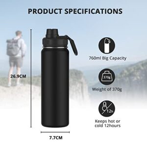 WATERH Insulated Smart Water Bottles with Straw, Intake Tracker, Water Safety Analyzer, LED Reminder, BPA Free, 18 oz Double Wall Vacuum Stainless Steel Thermos (Straw Lid (Non Smart), Matt Black)