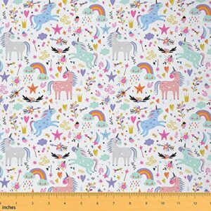 unicorn fabric by the yard, cartoon rainbow upholstery fabric, kawaii love heart star pattern decorative fabric, colorful girls horse animal botanical indoor outdoor fabric, blue pink, 1 yard