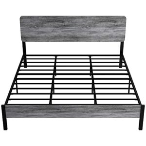 LIKIMIO King Size Bed Frame, Metal Bed Frame Full with Headboard and Strong Steel Slat Support, Easy Assembly, No Box Spring Needed, Industrial Gray