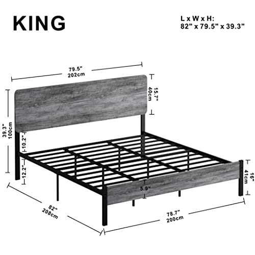 LIKIMIO King Size Bed Frame, Metal Bed Frame Full with Headboard and Strong Steel Slat Support, Easy Assembly, No Box Spring Needed, Industrial Gray