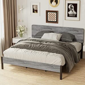 LIKIMIO King Size Bed Frame, Metal Bed Frame Full with Headboard and Strong Steel Slat Support, Easy Assembly, No Box Spring Needed, Industrial Gray