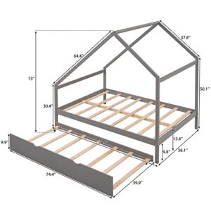 ODC Wooden House Bed Full Size Daybed with Twin Size Trundle Bed, Platform Bed with Roof, Can be Decorated, Solid Wood Bed Frame for Kids, Teen, Toddler