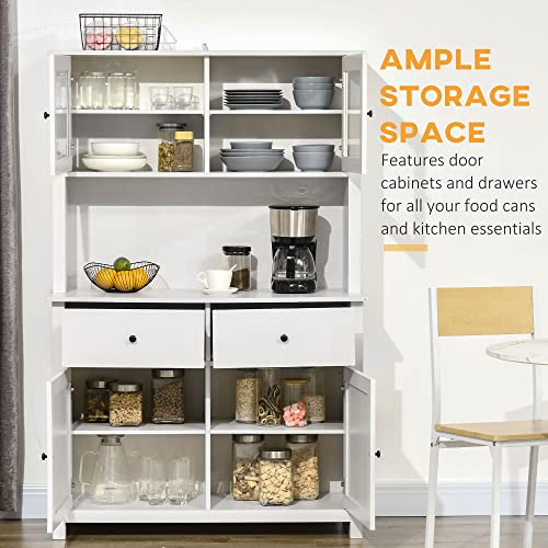 HOMCOM 63.5" Kitchen Buffet with Hutch, Pantry Storage Cabinet with 4 Shelves, Drawers, Framed Glass Doors, Open Microwave Countertop, Antique White