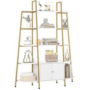 finetones Triple Wide 5-Tier Bookcase with Cabinet, White Bookshelf with Gold Metal Frame, Industrial Style Free Standing Bookshelf, Adjustable Feet, Large Open Display Shelves for Home & Office