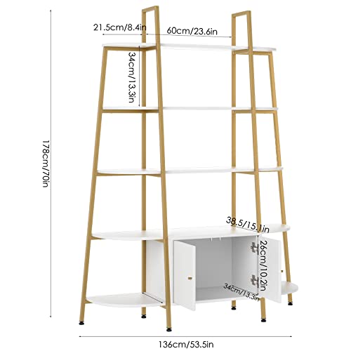 finetones Triple Wide 5-Tier Bookcase with Cabinet, White Bookshelf with Gold Metal Frame, Industrial Style Free Standing Bookshelf, Adjustable Feet, Large Open Display Shelves for Home & Office