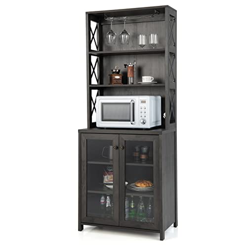 LOKO Kitchen Pantry Storage Cabinet, Farmhouse Buffet Hutch with Stemware Rack, Microwave Countertop & Tempered Glass Doors, 67.5" Freestanding Kitchen Hutch with Adjustable Shelf