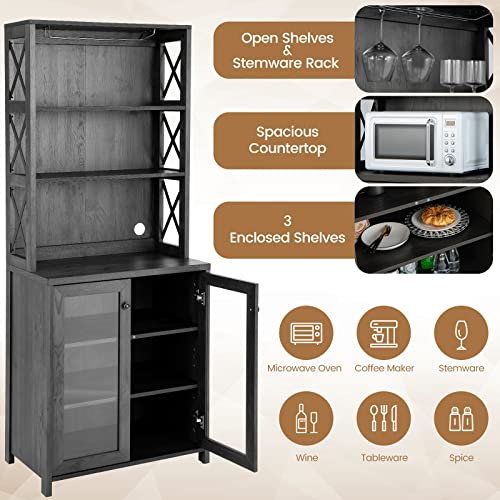 LOKO Kitchen Pantry Storage Cabinet, Farmhouse Buffet Hutch with Stemware Rack, Microwave Countertop & Tempered Glass Doors, 67.5" Freestanding Kitchen Hutch with Adjustable Shelf