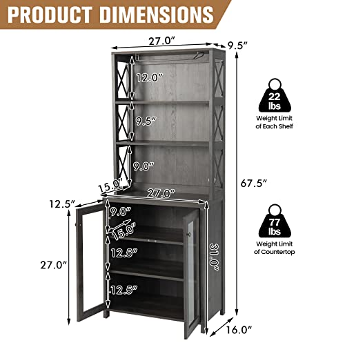 LOKO Kitchen Pantry Storage Cabinet, Farmhouse Buffet Hutch with Stemware Rack, Microwave Countertop & Tempered Glass Doors, 67.5" Freestanding Kitchen Hutch with Adjustable Shelf