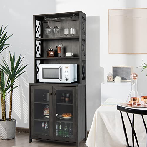 LOKO Kitchen Pantry Storage Cabinet, Farmhouse Buffet Hutch with Stemware Rack, Microwave Countertop & Tempered Glass Doors, 67.5" Freestanding Kitchen Hutch with Adjustable Shelf