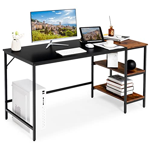 COSTWAY 55” Computer Desk, PC Laptop Desk with Storage Shelves, Large Computer Desk with Splice Board, Adjustable Foot Pads, Industrial Home Office Desk for Writing, Study, Game (Black)