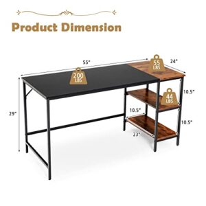 COSTWAY 55” Computer Desk, PC Laptop Desk with Storage Shelves, Large Computer Desk with Splice Board, Adjustable Foot Pads, Industrial Home Office Desk for Writing, Study, Game (Black)