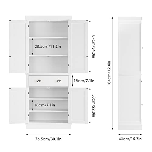 FOTOSOK 72" Utility Pantry Storage Cabinets for Kitchen, Dining Room, Living Room, White , Freestanding Cupboard with 4 Doors, Drawer, 4 Shelves