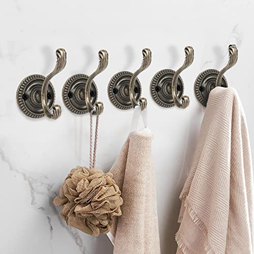 Ailibre 5 Pack Decorative Towel/Coat Wall Hooks, Wall Mounted Cast Wrought Iron Double Wall Hooks, Heavy Duty Hooks for Hanging Coats, Bath Robe, Bags, Hats, Key