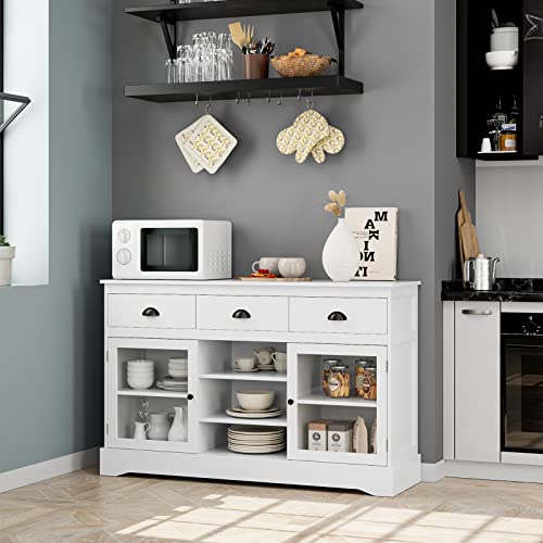 FOTOSOK Modern Buffet Sideboard Cabinet with 2 Glass Door, 3 Drawers and Adjustable Shelves, Kitchen Cupboard Console Table Coffee Bar Cabinet for Dining / Living Room