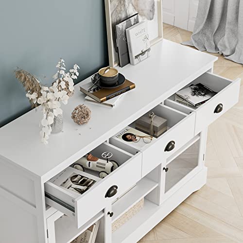 FOTOSOK Modern Buffet Sideboard Cabinet with 2 Glass Door, 3 Drawers and Adjustable Shelves, Kitchen Cupboard Console Table Coffee Bar Cabinet for Dining / Living Room