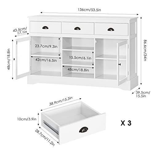 FOTOSOK Modern Buffet Sideboard Cabinet with 2 Glass Door, 3 Drawers and Adjustable Shelves, Kitchen Cupboard Console Table Coffee Bar Cabinet for Dining / Living Room