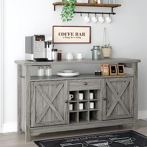 Farmhouse Coffee Bar Cabinet, 47" Kitchen Buffet Storage Cabinet with 9 Wine Racks, Sideboard Buffet Cabinet with 2 Barn Doors and Drawer, Wine Bar Cabinet for Dining Room, Living Room, Rustic Gray